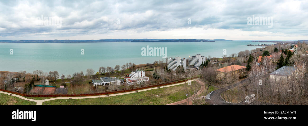 Lake Balaton and , Balatonfoldvar town scenic view from observation ...