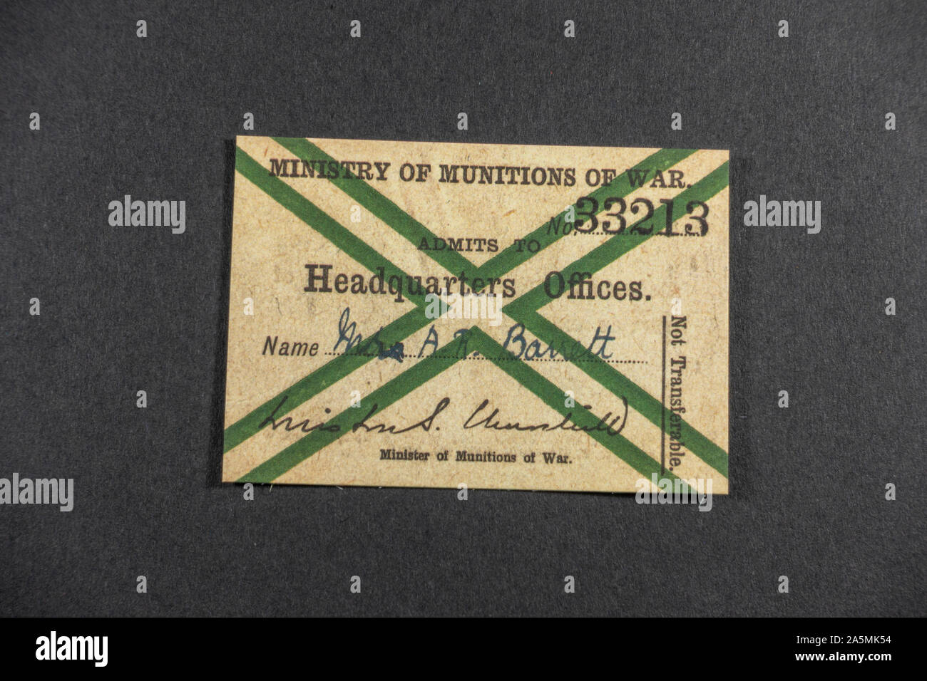 An identification card allowing admittance to the Ministry of Munitions ...