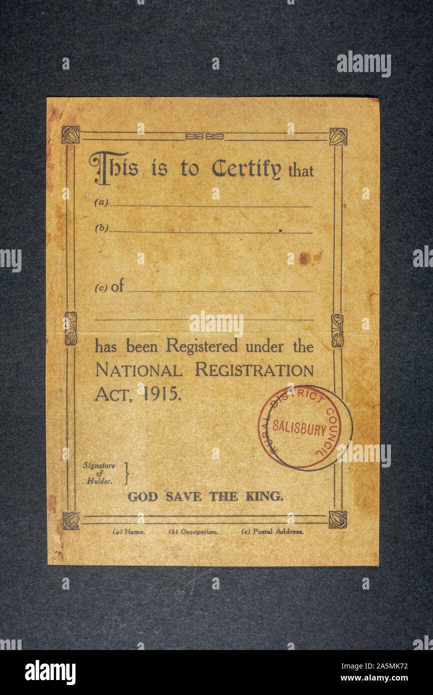 Inside page of a National Registration Act 1915 card, a piece of ...