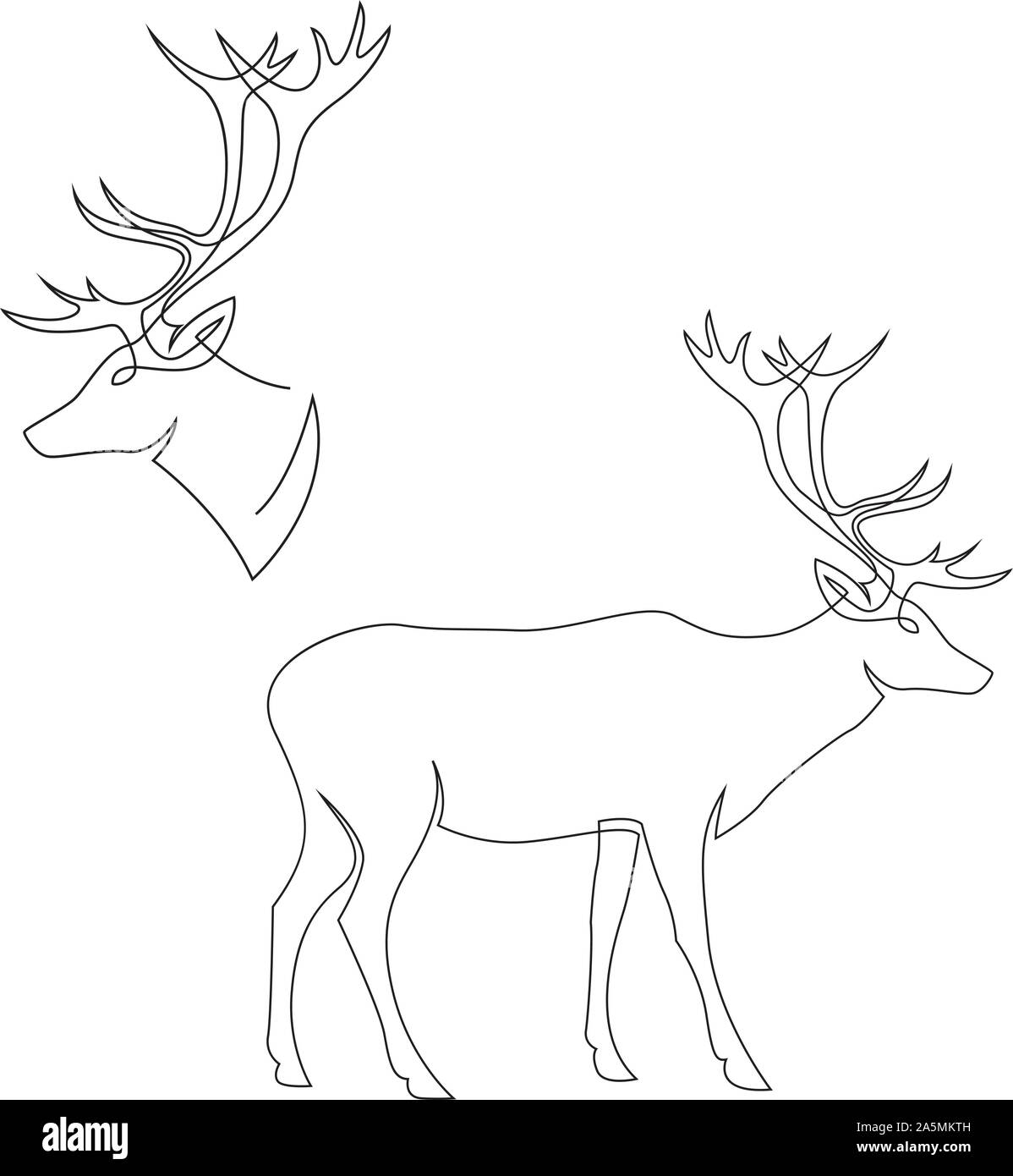 One line design silhouette of deer. Set of full height and head. Hand ...