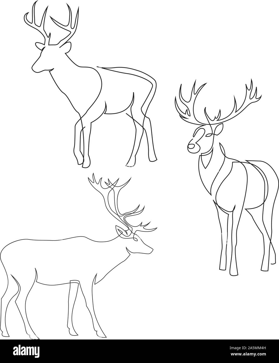 One line design silhouette of deer. Set of full height stags. Hand ...