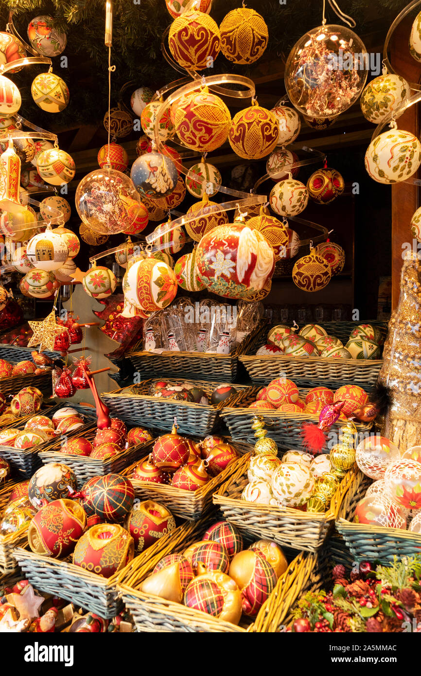 Christmas market stall details with wide choice of christmas tree ...
