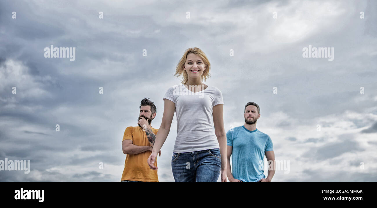 Leadership concept. Woman in front of men feel confident. Moving ...