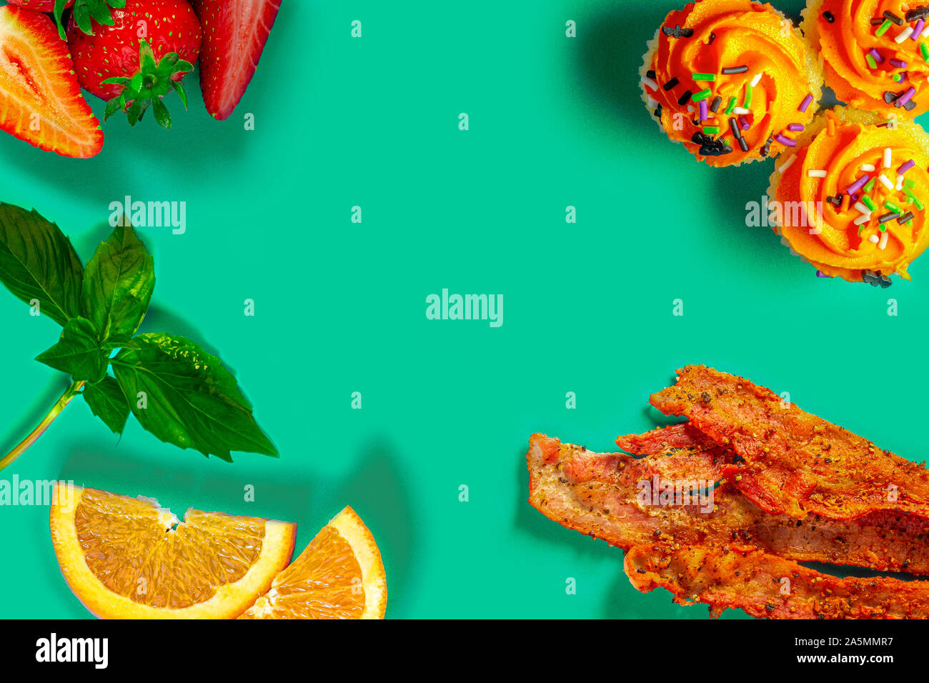 Food collage on a green background Stock Photo - Alamy