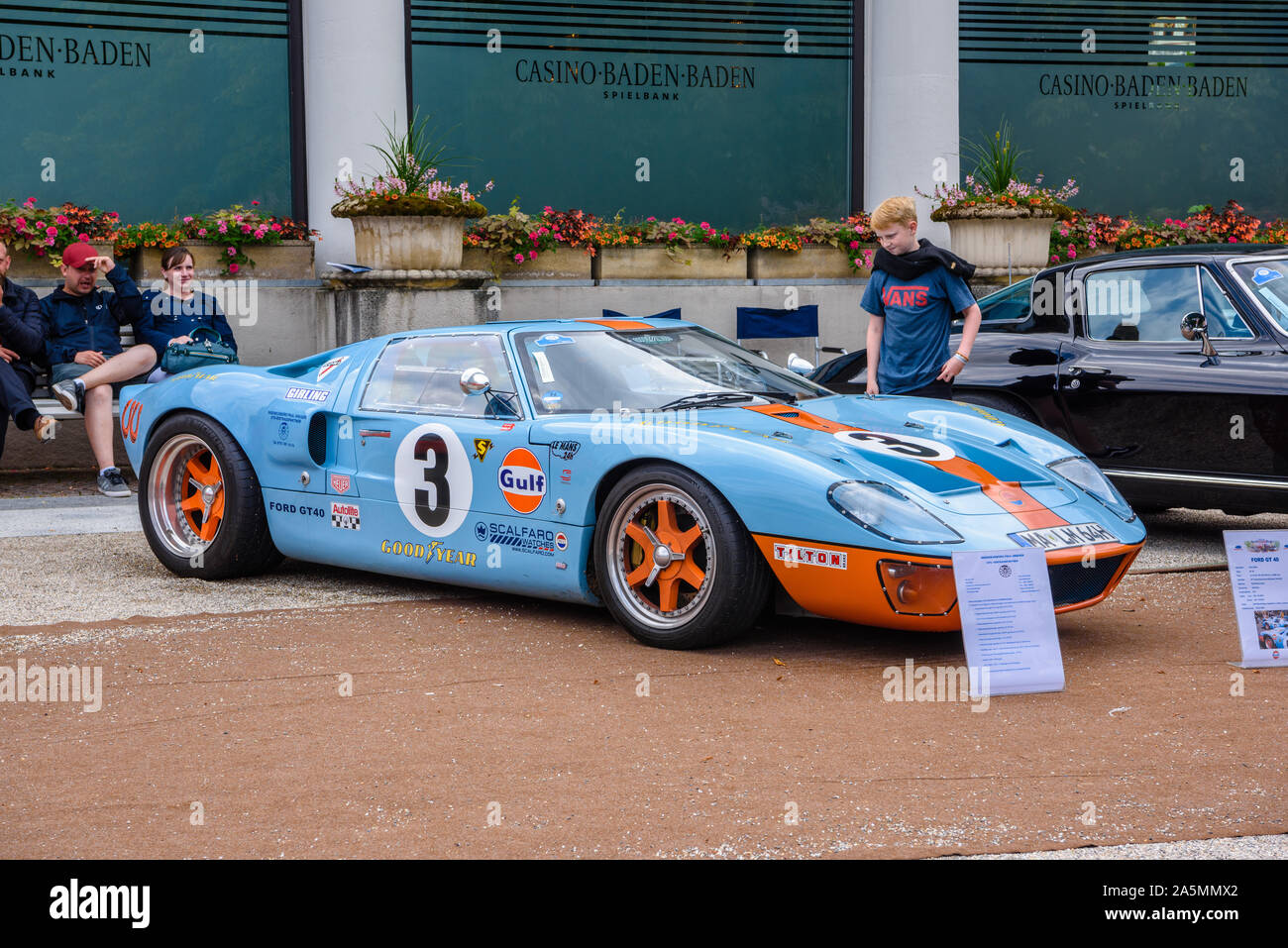 BADEN BADEN, GERMANY - JULY 2019: light blue orange FORD GT40 GT sport ...