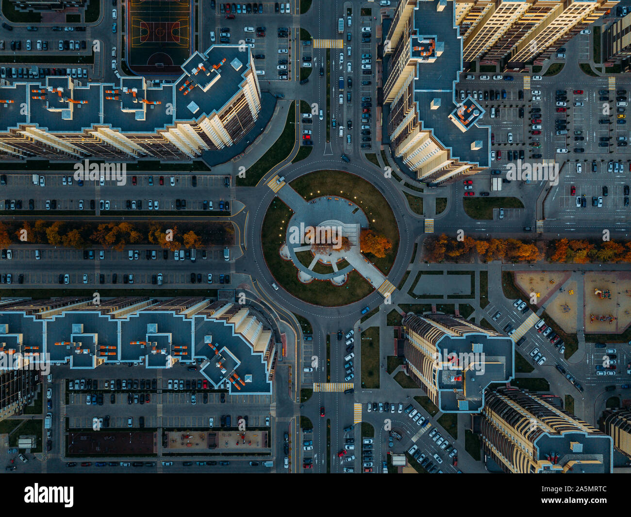 Road intersection in modern residential area in Voronezh, top view ...