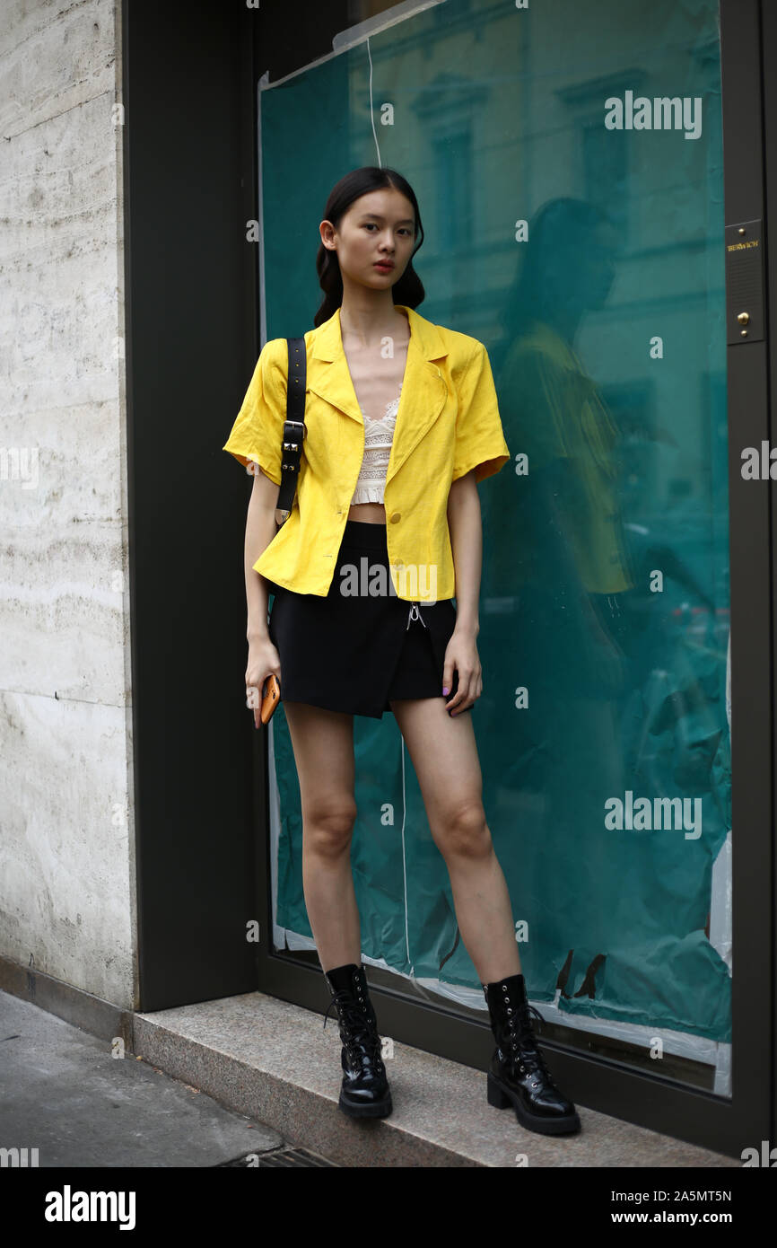 Model Shuping Li attending the show during Milan Fashion Week September ...