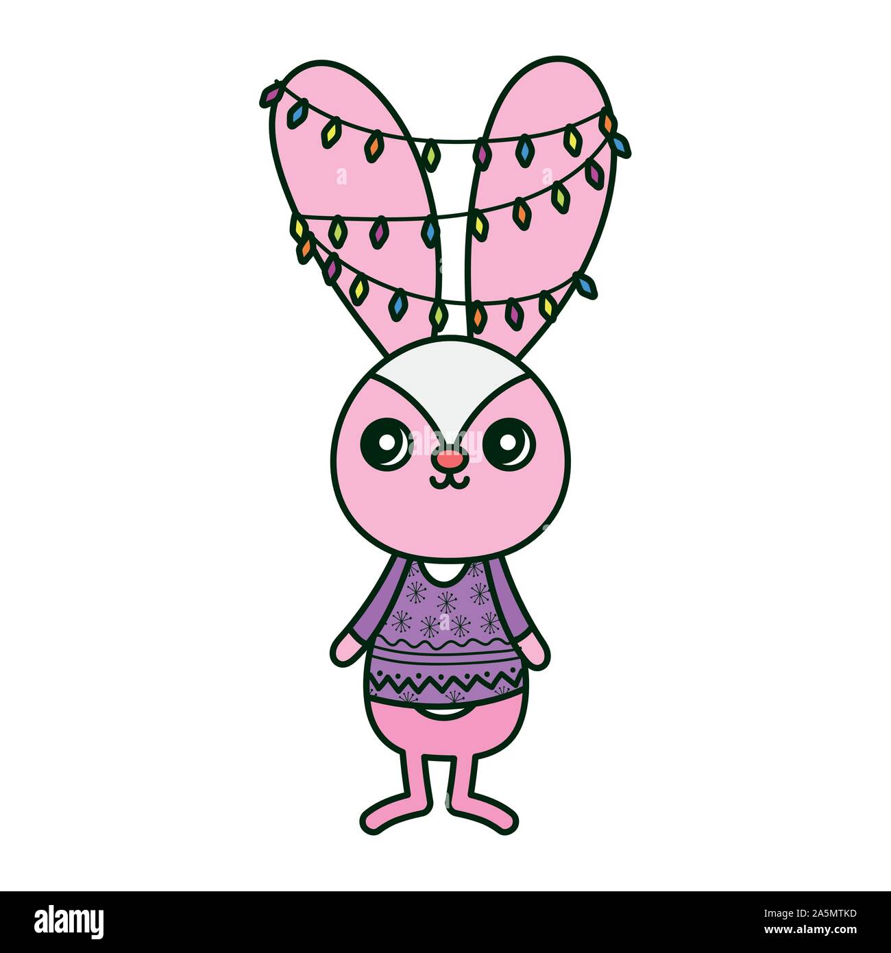 cute rabbit with lights tangled in the ears happy christmas vector ...