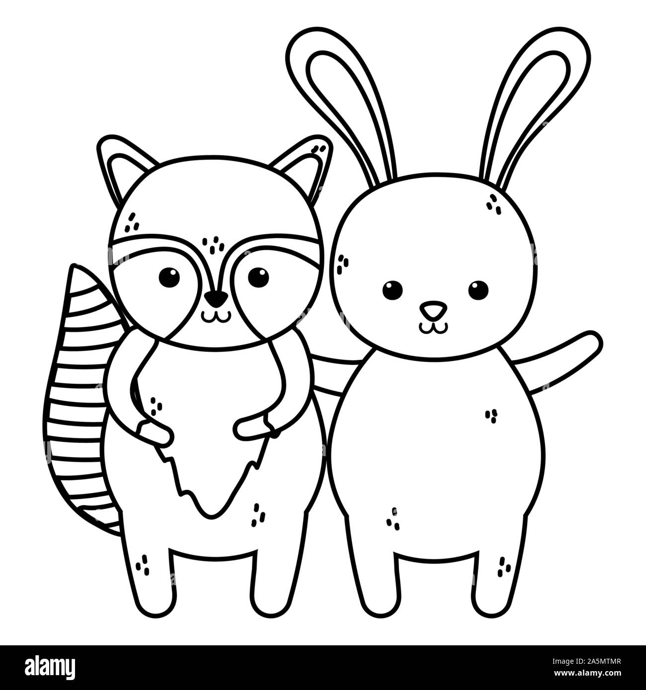 cute rabbit and raccoon waving hand on white background vector ...