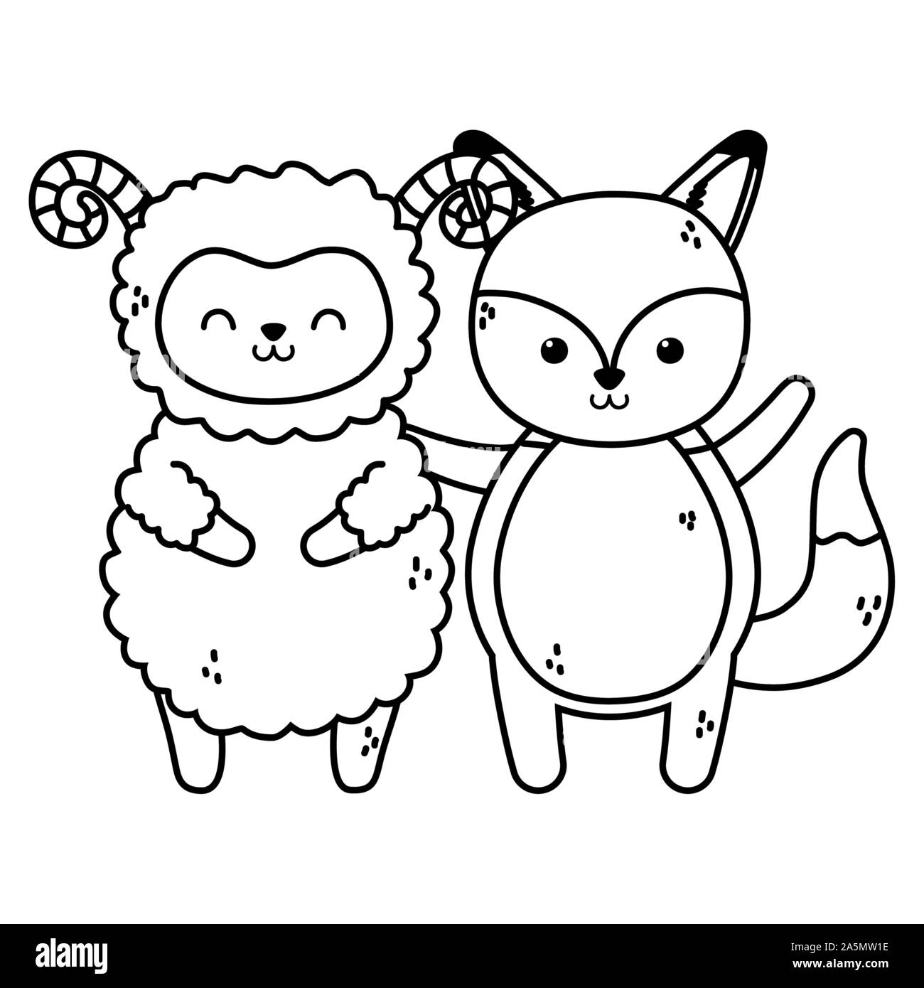 cute fox and sheep animals standing on white background vector ...