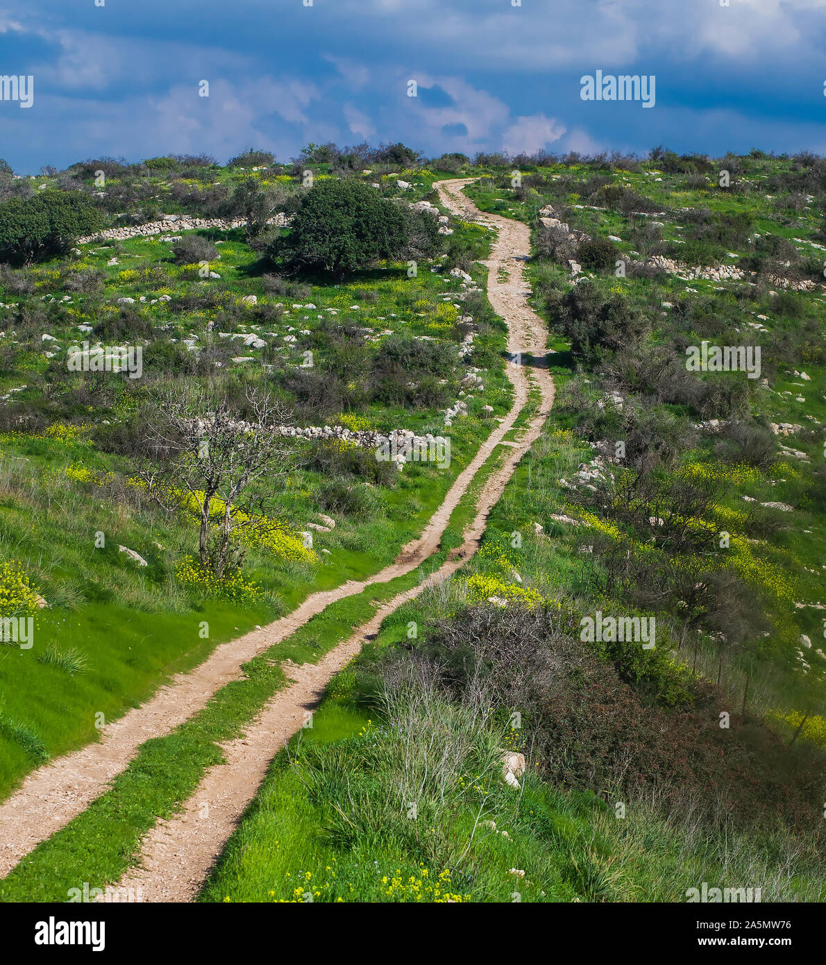 Rural path going up and ahead to the blue sky at horizon. Achievement ...