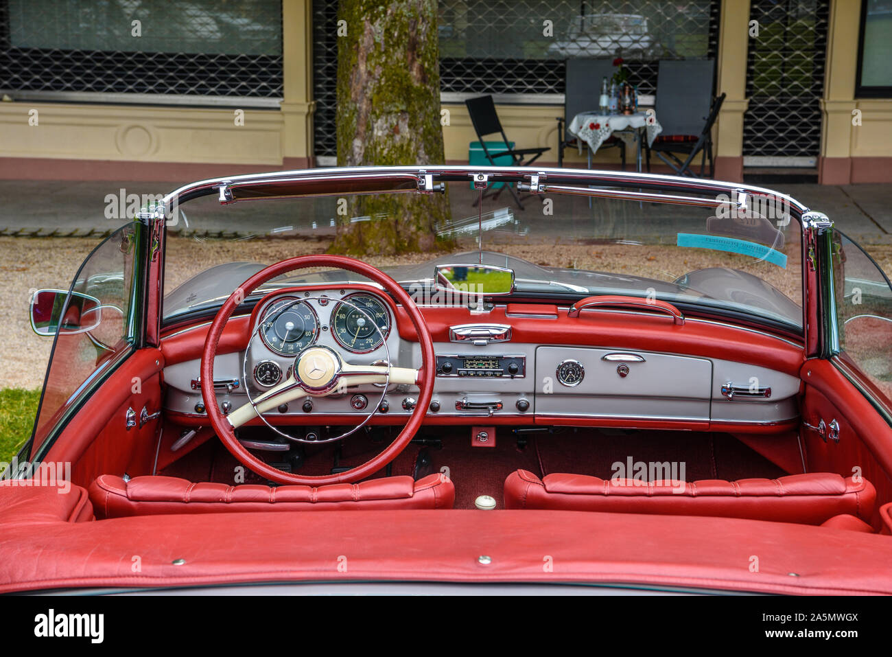 BADEN BADEN, GERMANY - JULY 2019: red leather interior of MERCEDES-BENZ ...