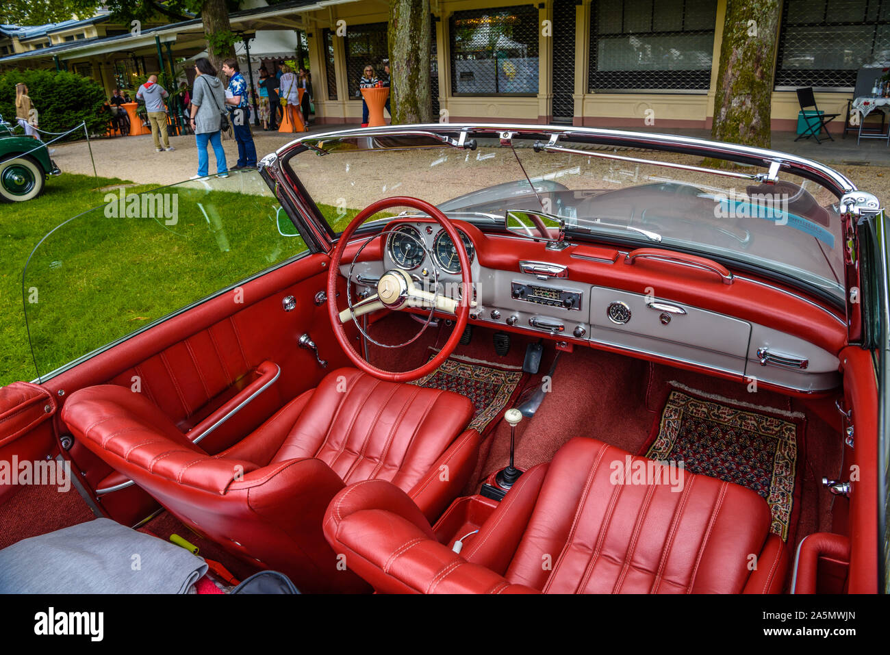 BADEN BADEN, GERMANY - JULY 2019: red leather interior of MERCEDES-BENZ ...