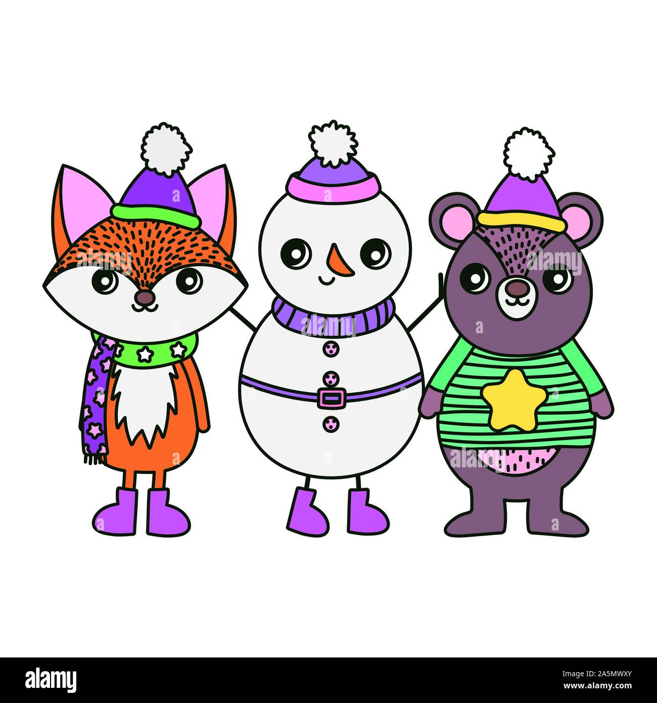 bear fox and snowman with hats and scarf merry christmas vector ...