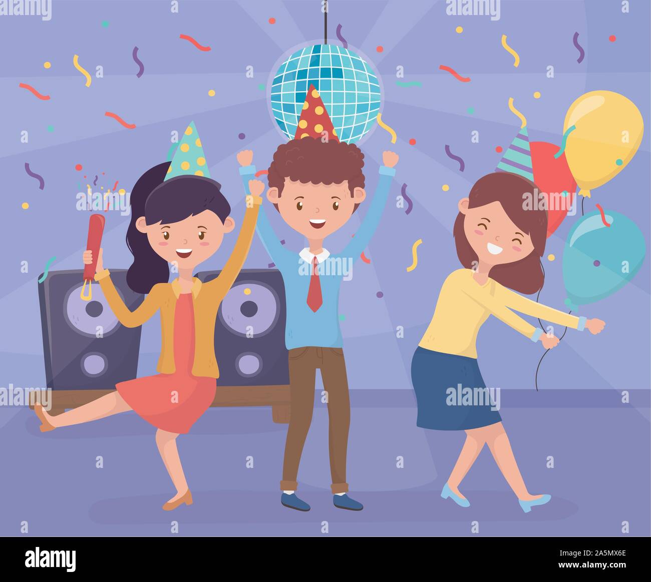 man and women dancing music disco ball and balloons decoration ...