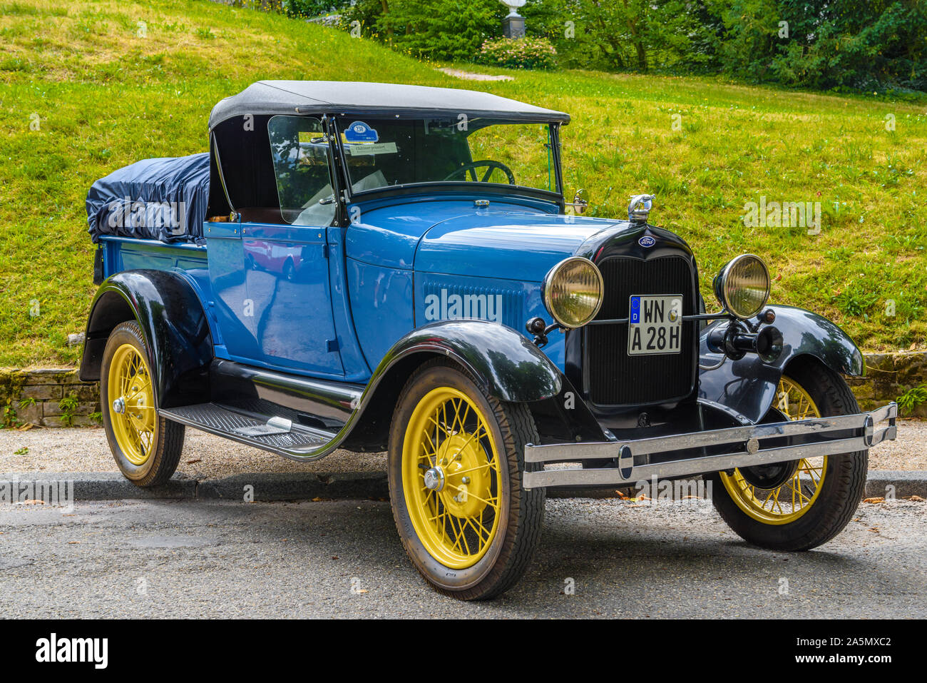 BADEN BADEN, GERMANY - JULY 2019: blue yellow FORD MODEL A T 1927 1931 ...