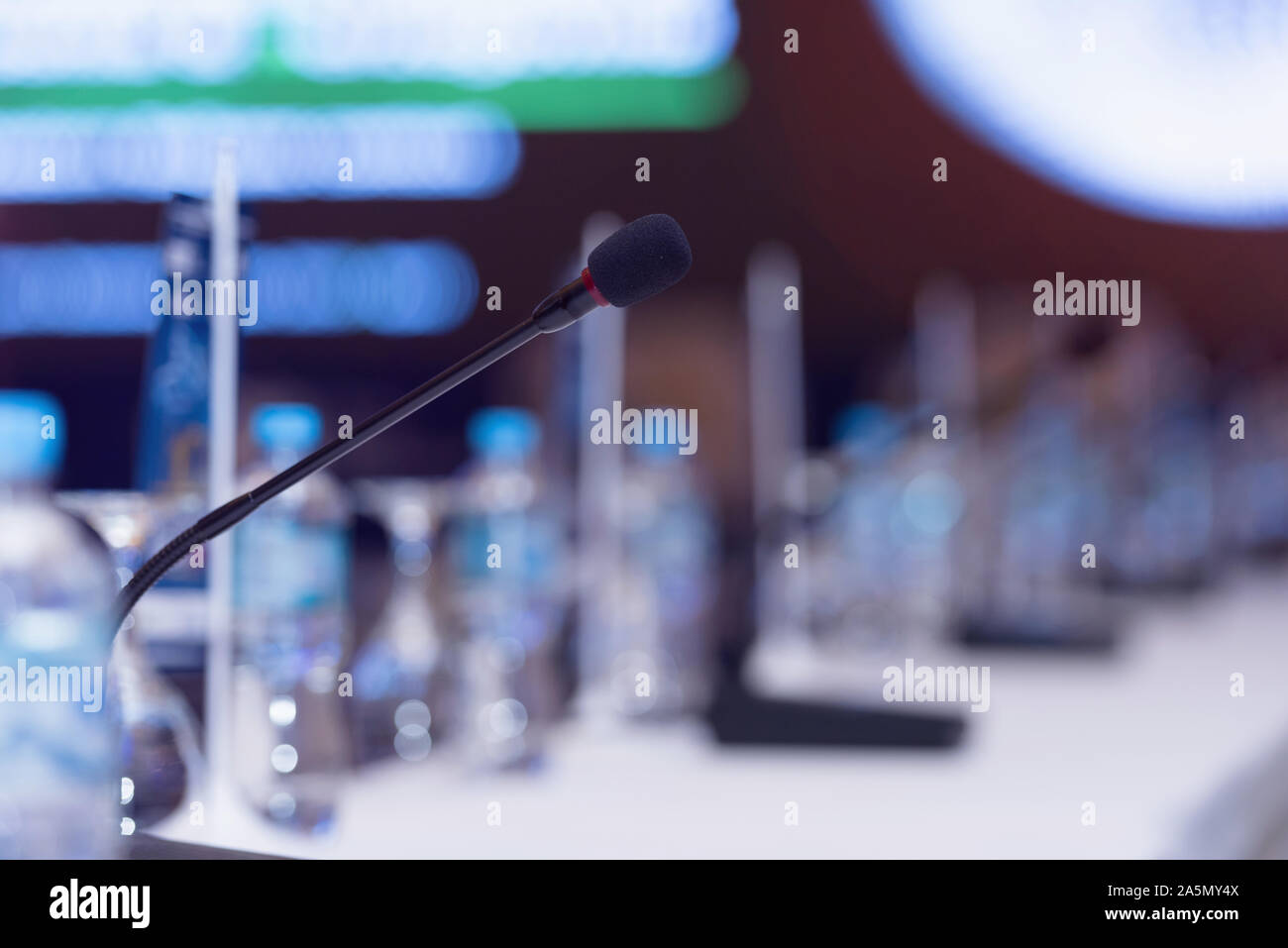 Front view of the microphones during business conference in conference ...
