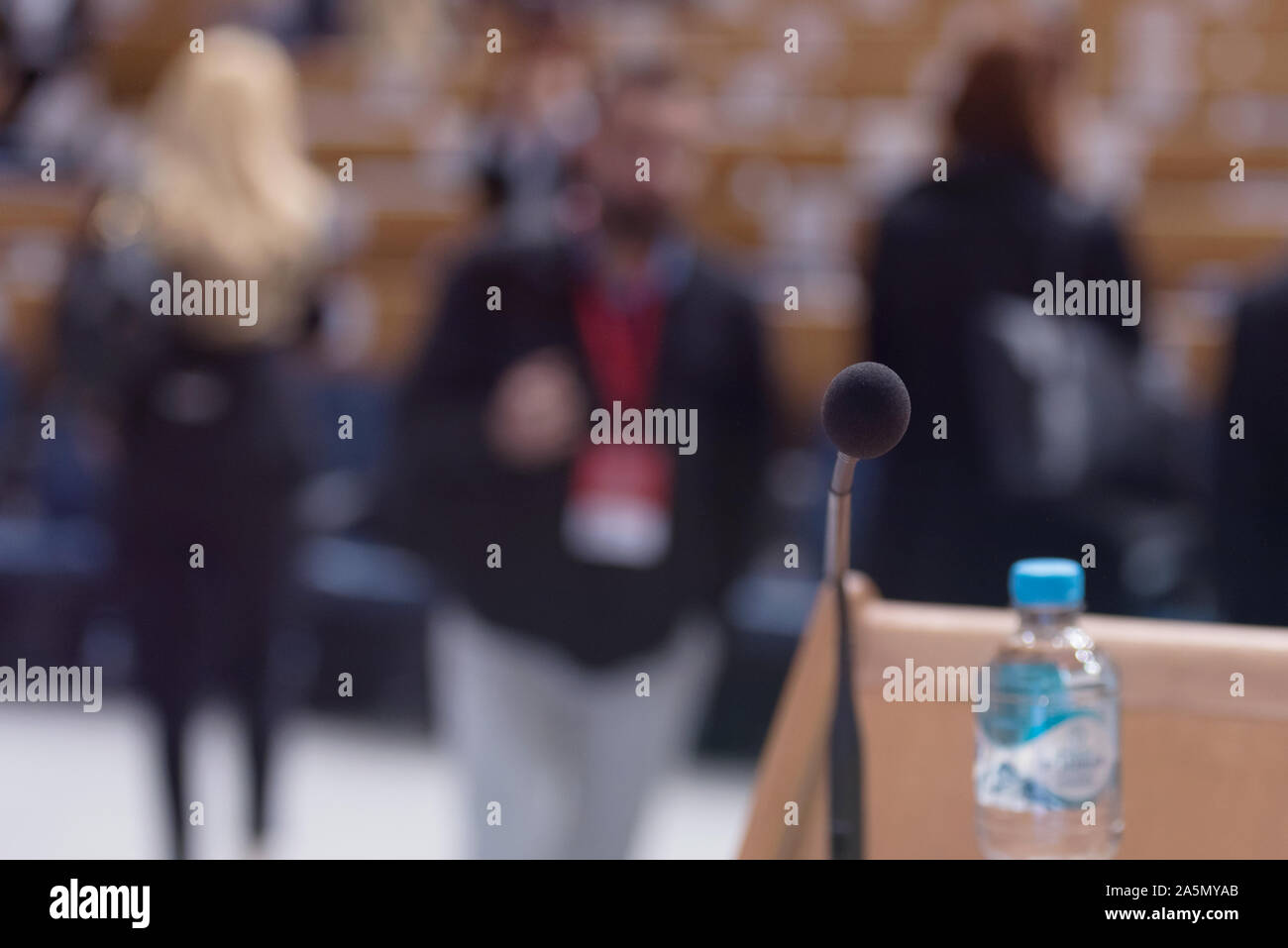 Focus on Microphones in conference room or hall, prepairing for ...