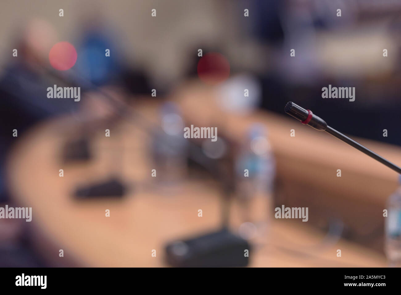 Focus on Microphones in conference room or hall, prepairing for ...