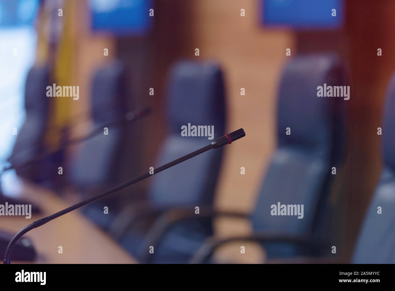 Focus on Microphones in conference room or hall, prepairing for ...