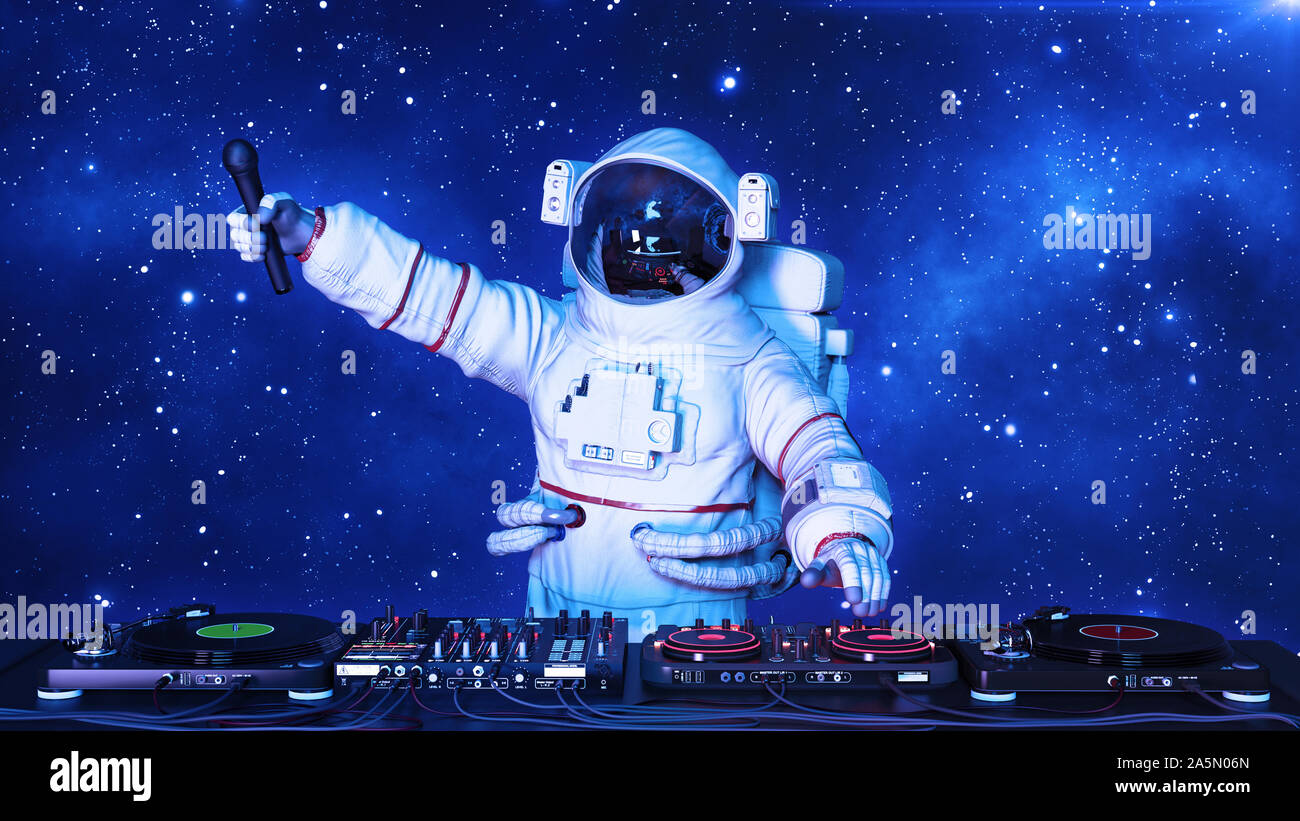 DJ astronaut, disc jockey spaceman holding microphone and playing music ...