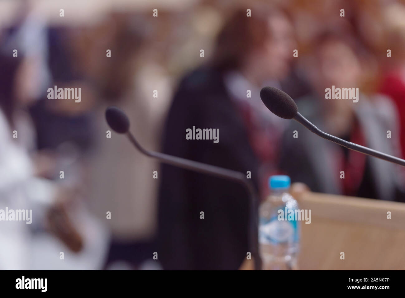 Focus on Microphones in conference room or hall, prepairing for ...