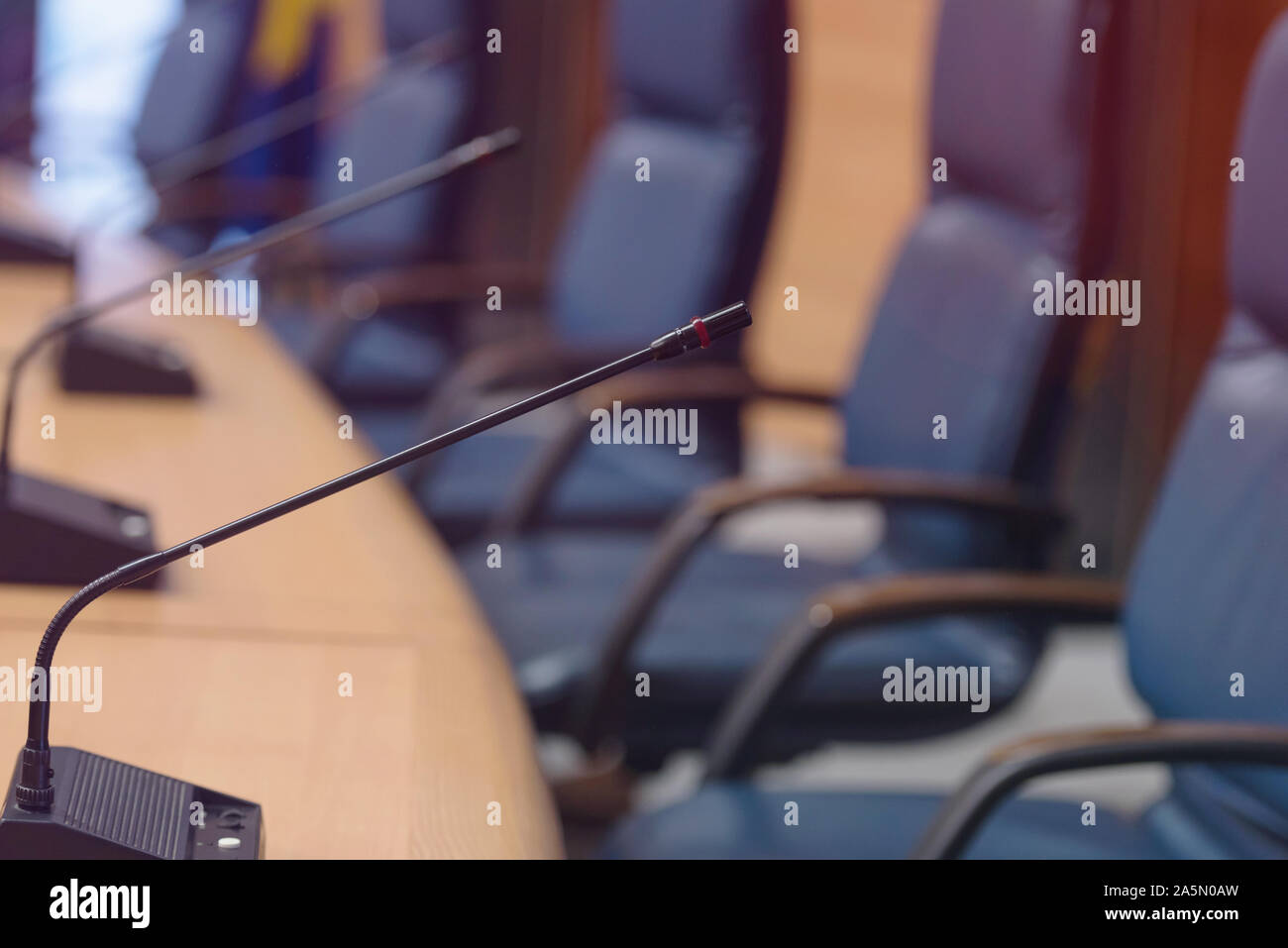 Focus on Microphones in conference room or hall, prepairing for ...