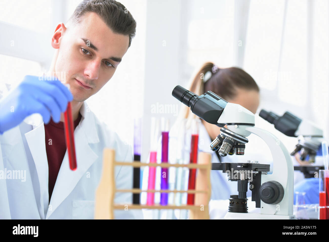 Two Young Female and male Laboratory scientists working at lab with ...