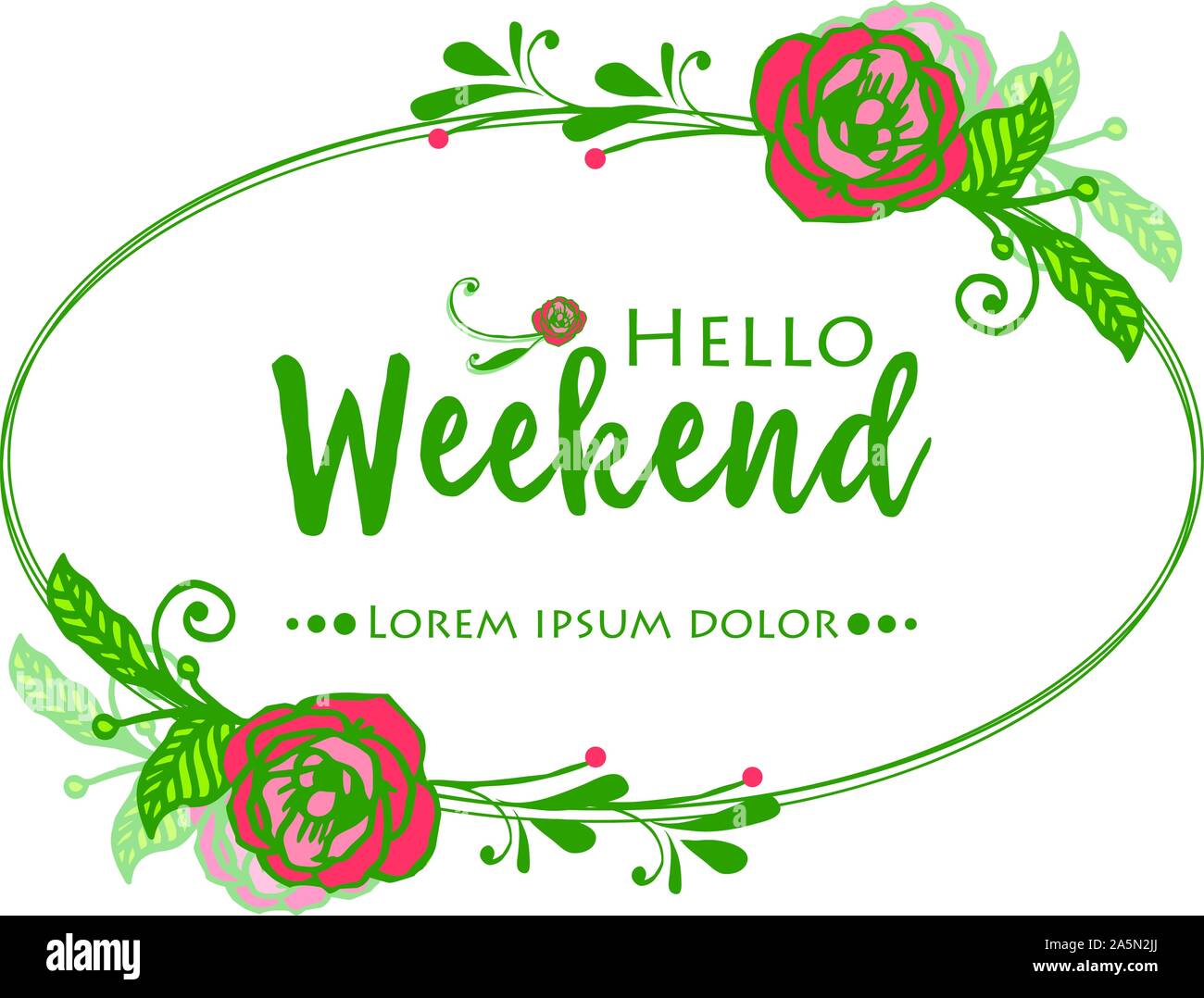 Lettering poster hello weekend, with shape pattern of green leafy ...