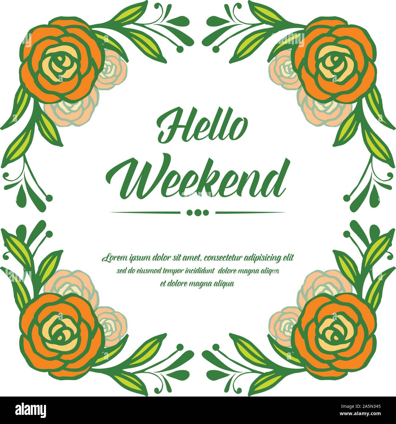 Cute rose wreath frame, for lettering card of hello weekend. Vector ...