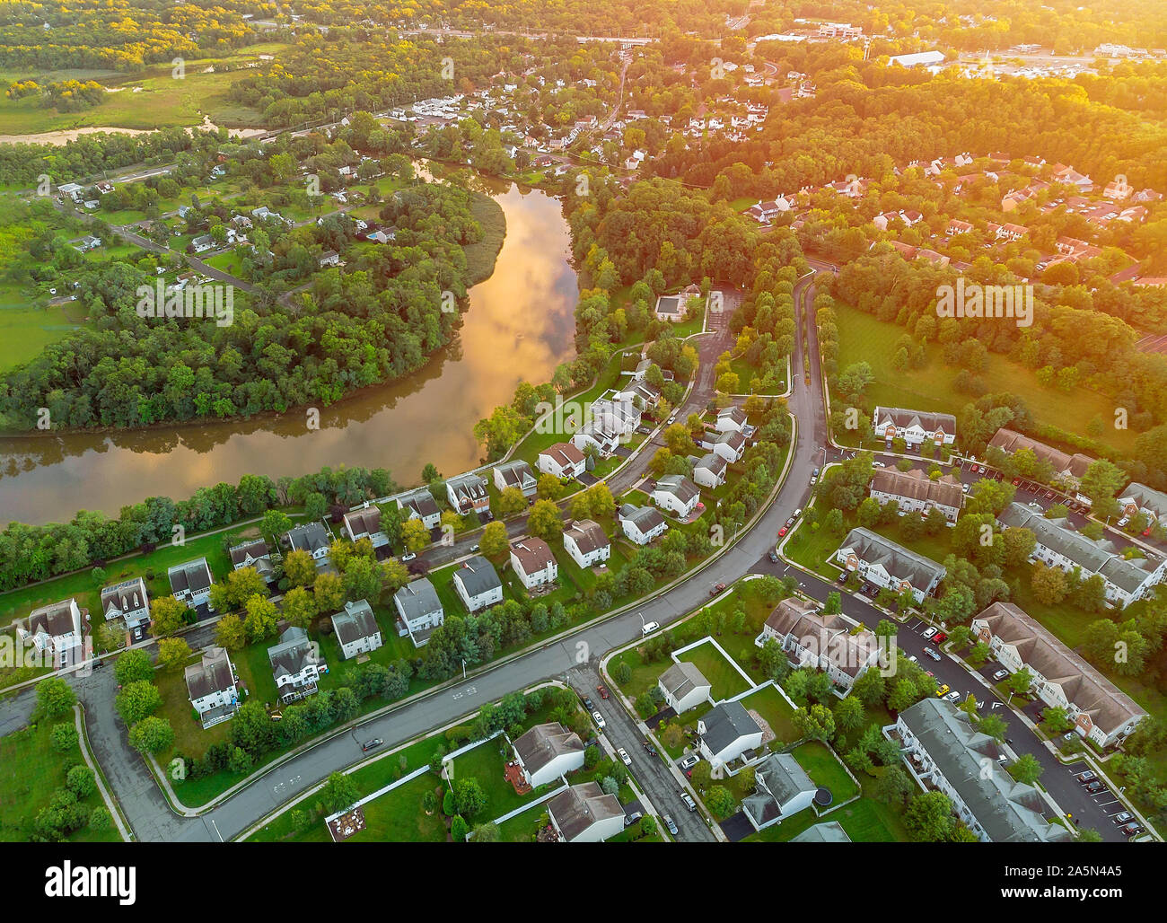Aerial view of residential quarters at early sunrise beautiful town ...