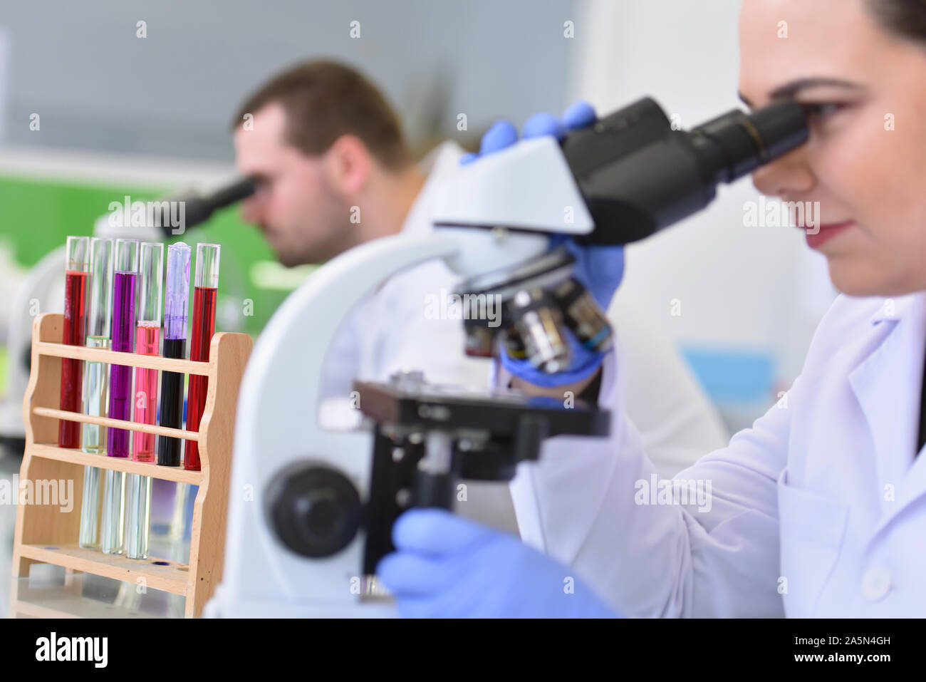 Two Young Female and male Laboratory scientists working at lab with ...