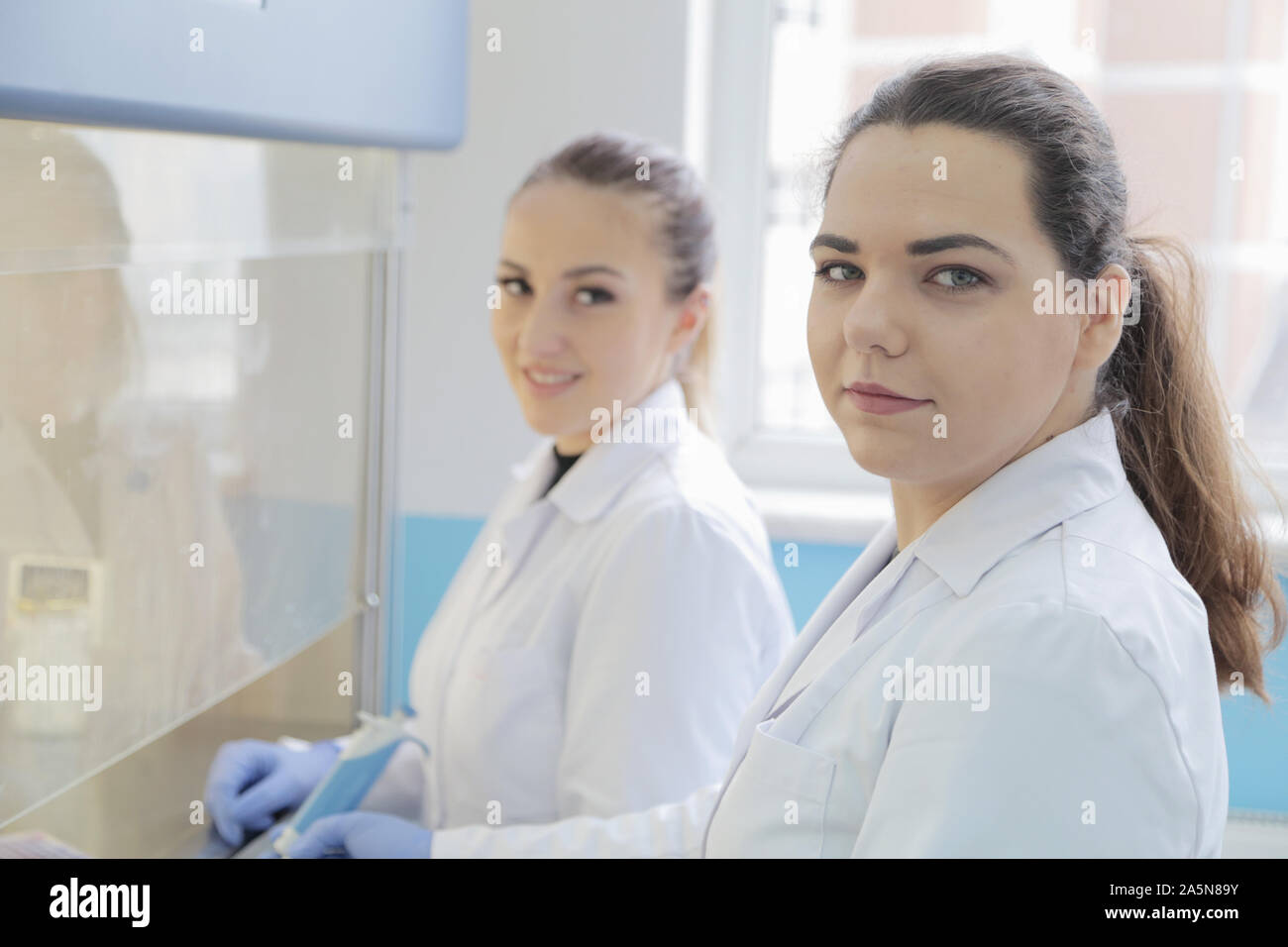 Two young female Laboratory scientists working at lab with test tubes ...