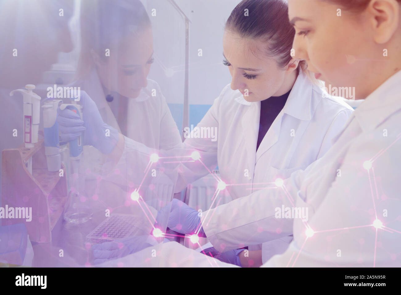 Two young female Laboratory scientists working at lab with test tubes ...