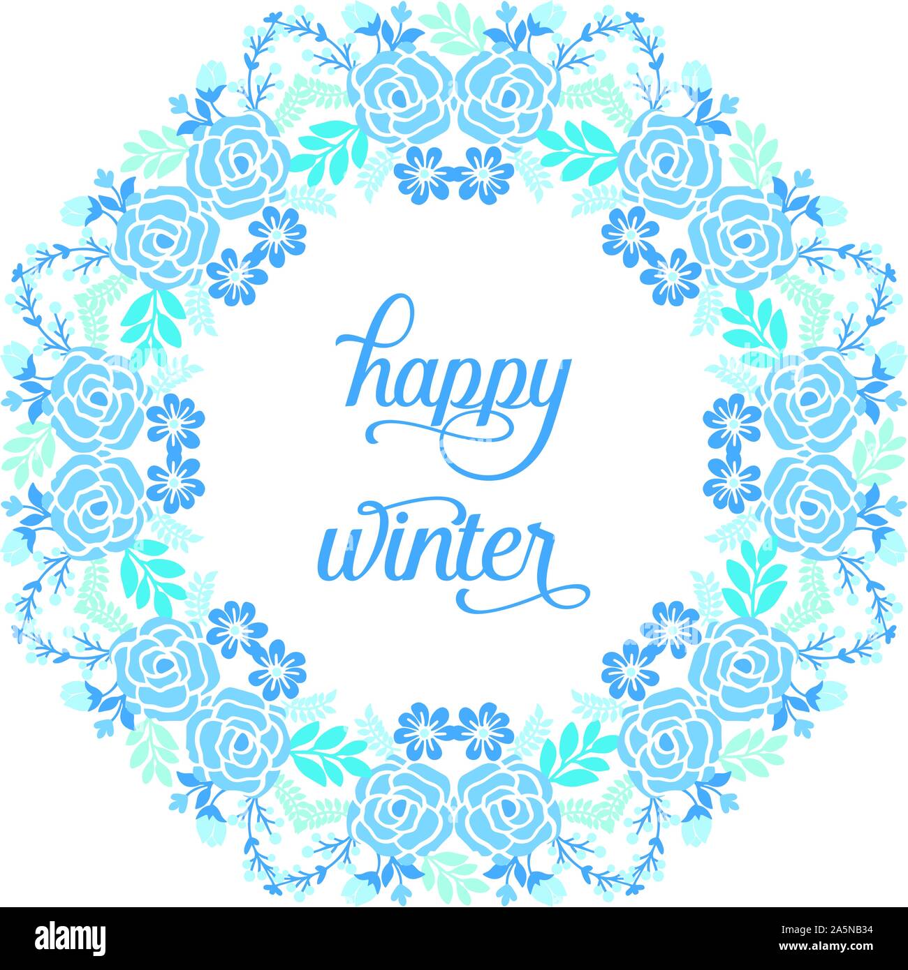 Poster or banner for happy winter, with ornament plant of blue leafy ...