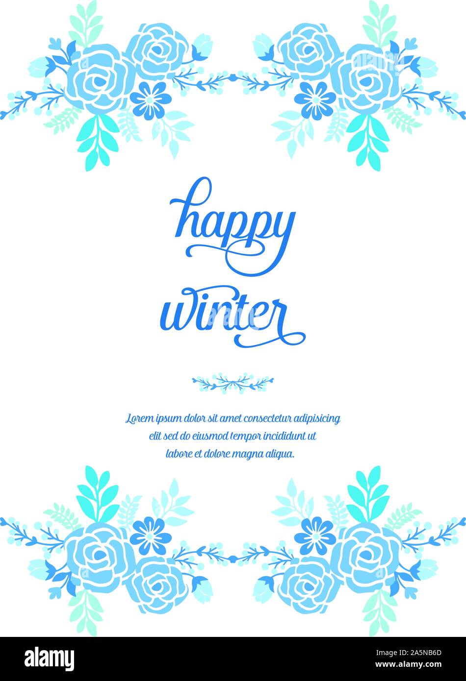 Poster or banner for happy winter, with ornament plant of blue leafy ...