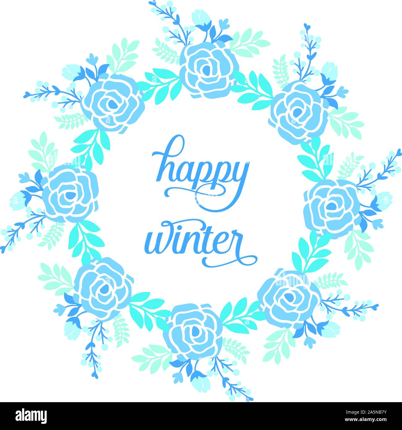 Poster or banner for happy winter, with ornament plant of blue leafy ...