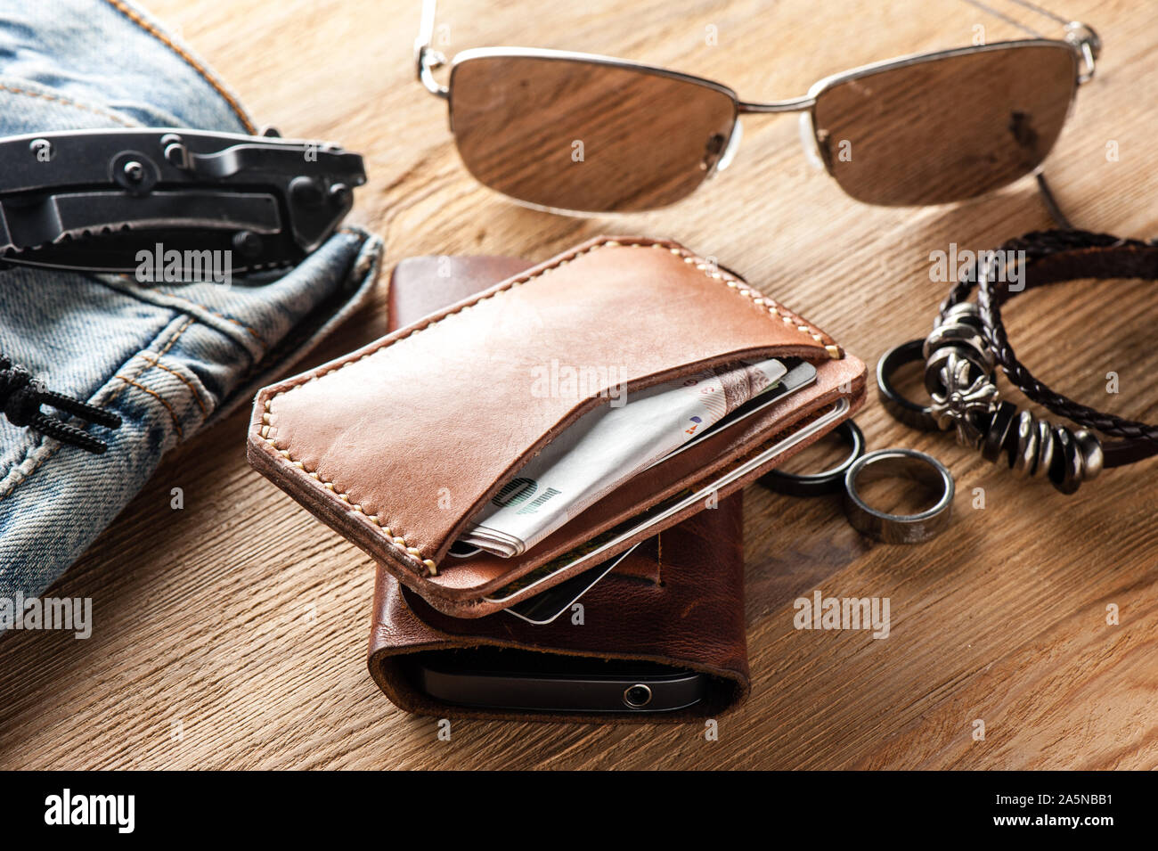men's leather accessory, closeup at handmade vegetable tanned leather ...