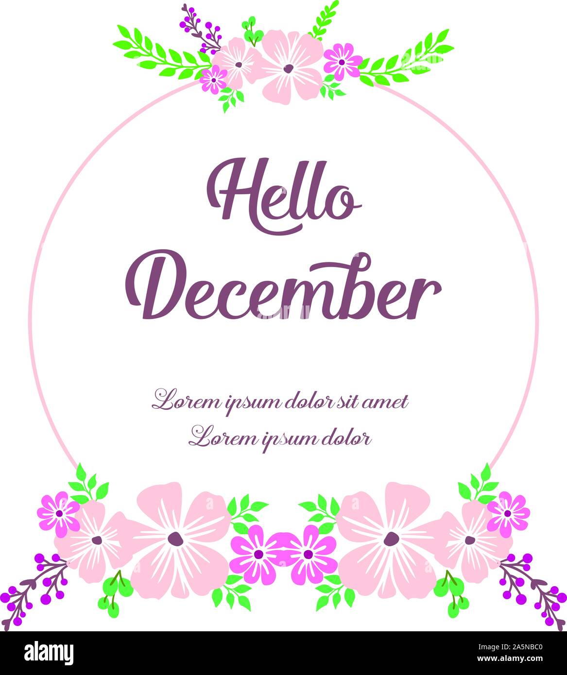 Greeting card hello december, with design pink flower frame background ...