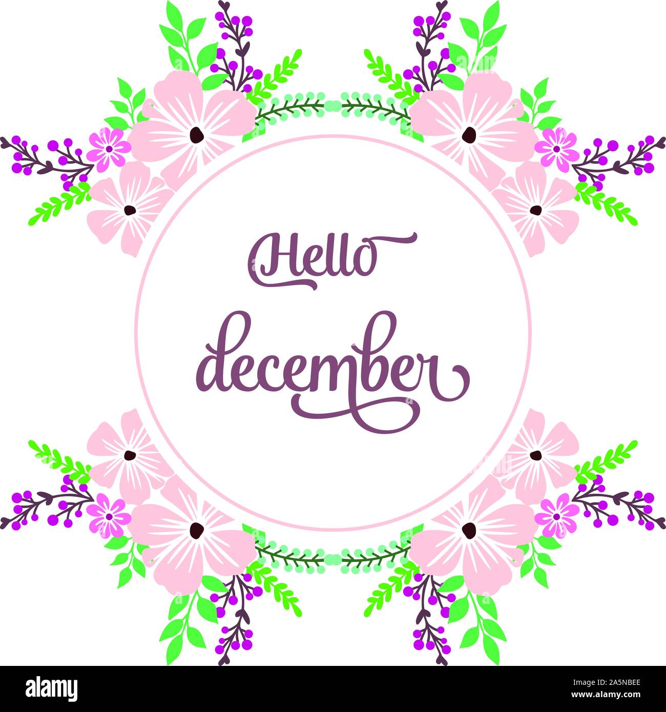 Greeting card hello december, with design pink flower frame background ...