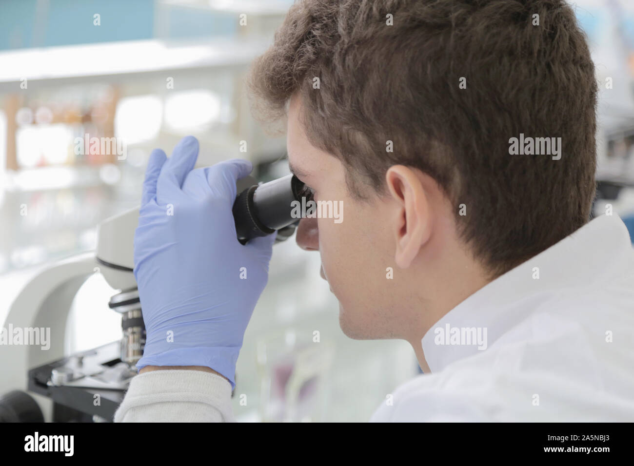 Youngmale male scientist looking through a microscope in a laboratory ...