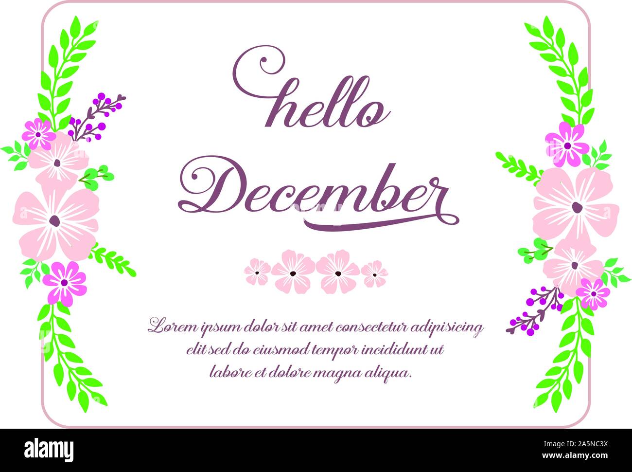 Text hello december, with modern leaf floral frame, isolated on white ...