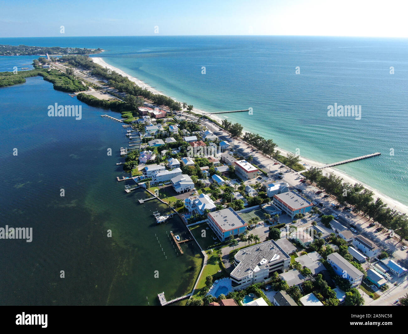 Aerial view of Anna Maria Island town and beaches, barrier island on ...