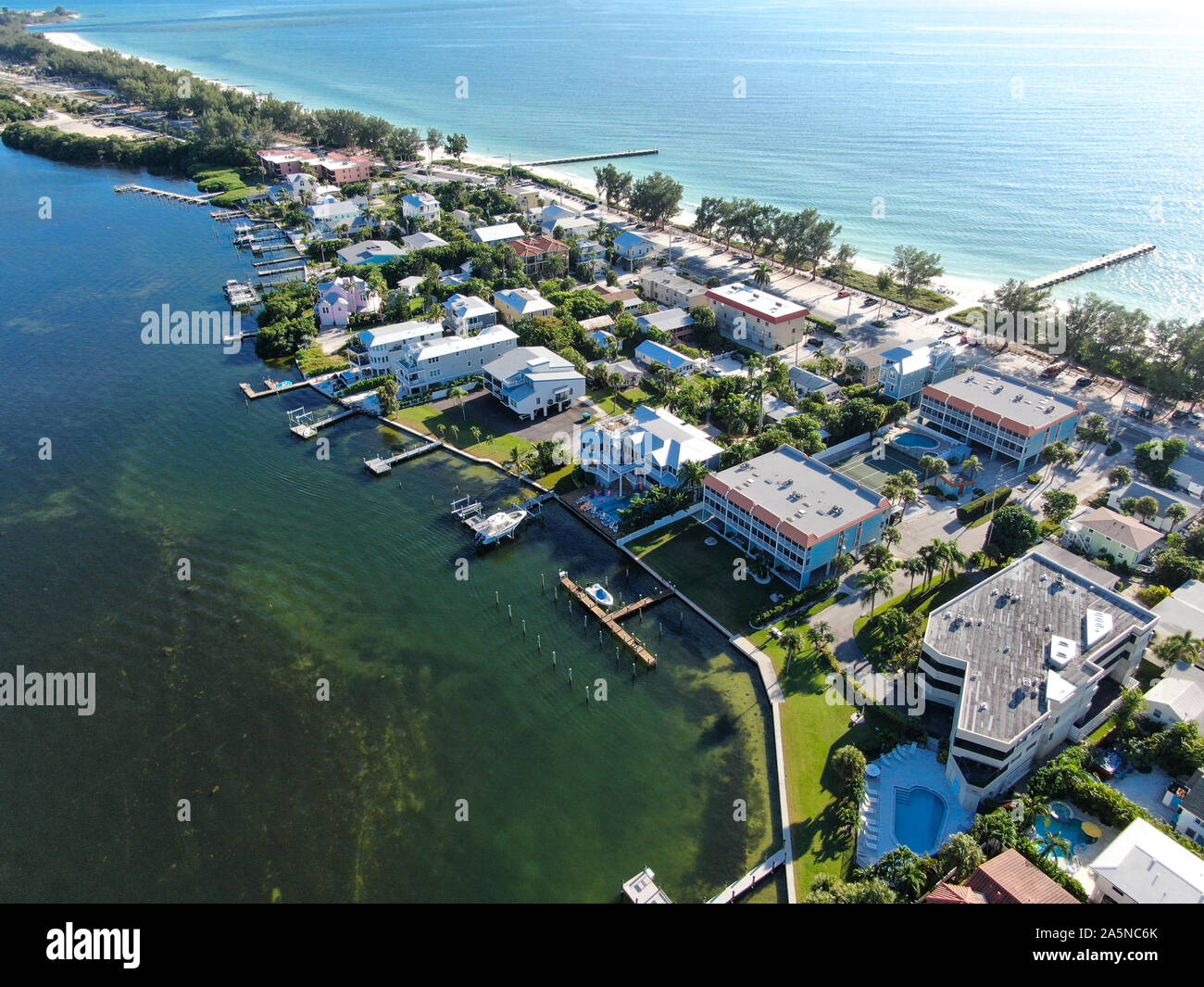 Aerial view of Anna Maria Island town and beaches, barrier island on ...