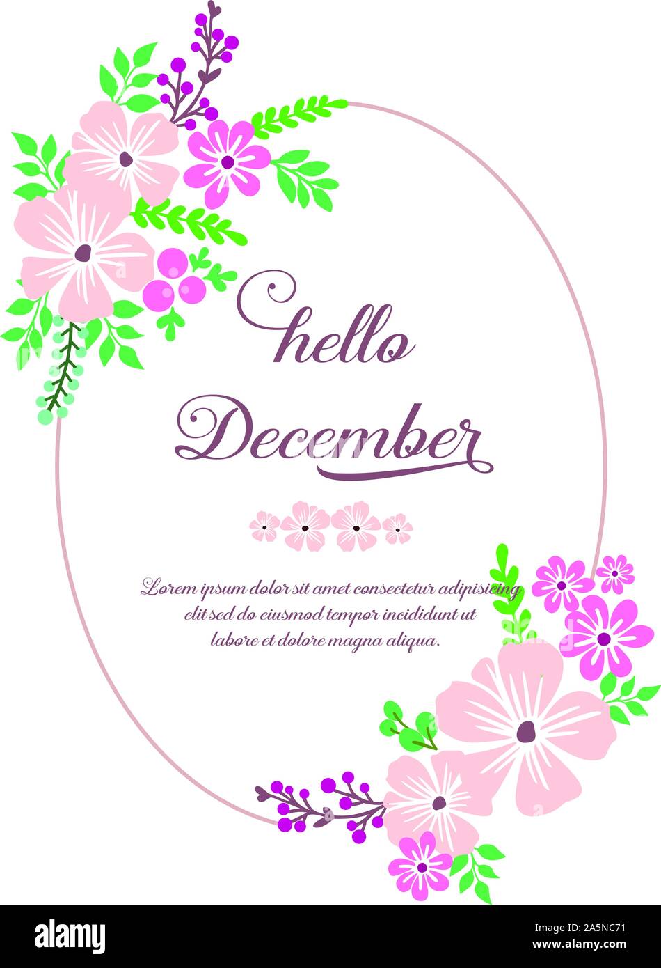 Text hello december, with modern leaf floral frame, isolated on white ...