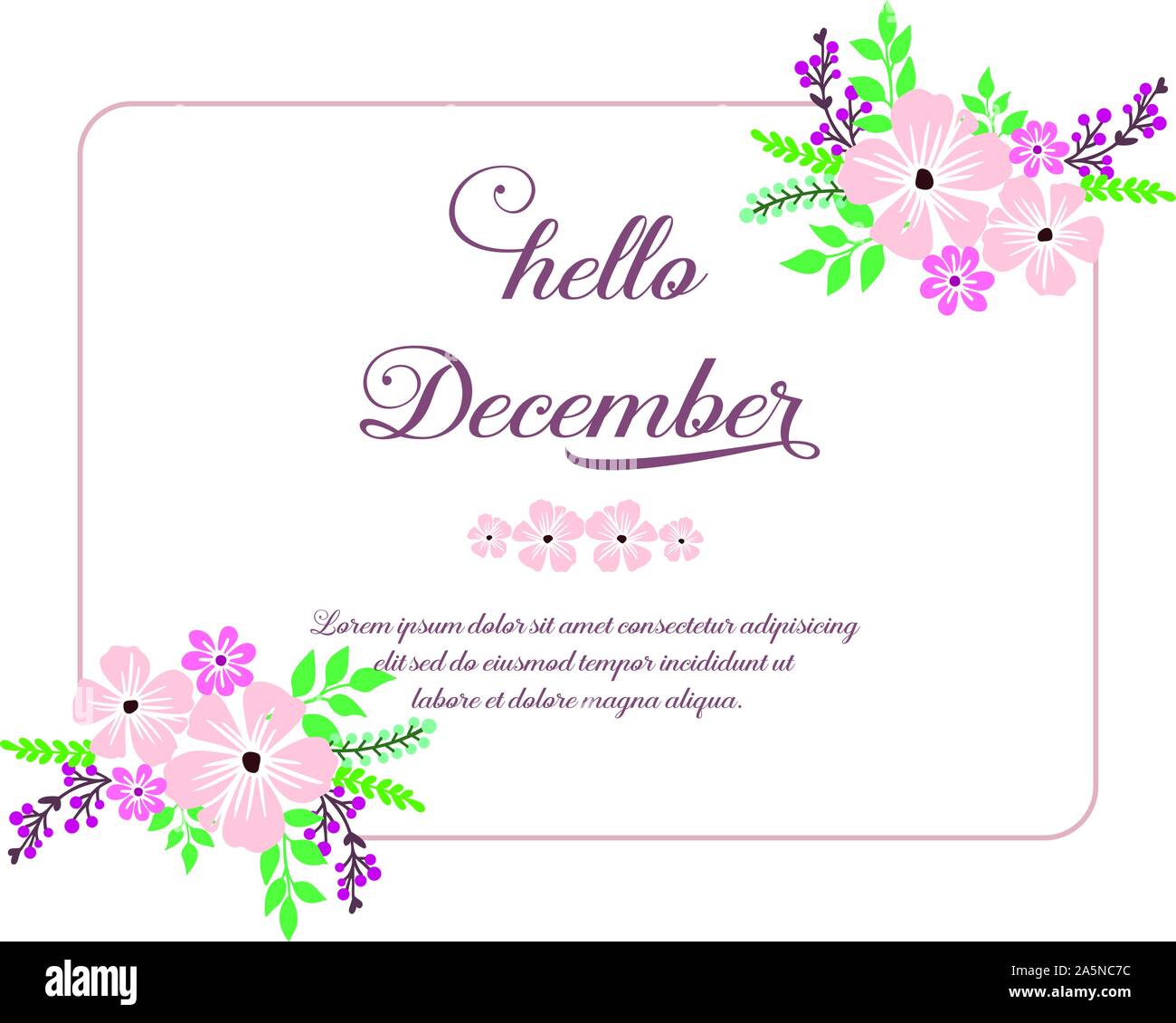 Text hello december, with modern leaf floral frame, isolated on white ...
