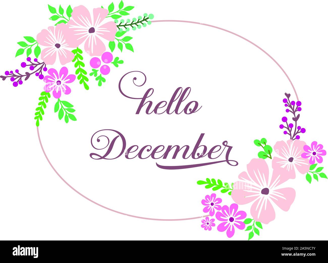 Text hello december, with modern leaf floral frame, isolated on white ...