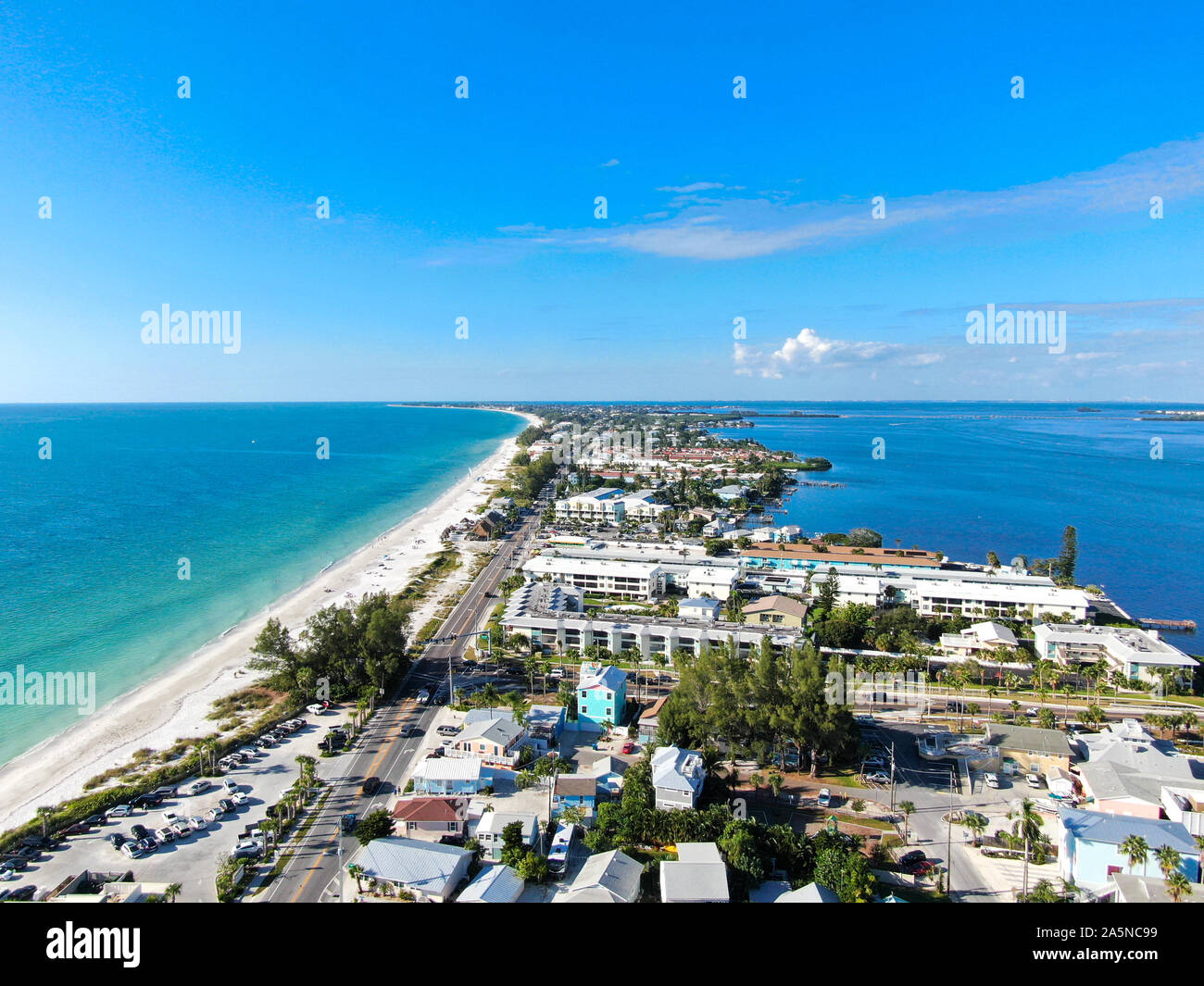 Aerial view of Anna Maria Island town and beaches, barrier island on ...