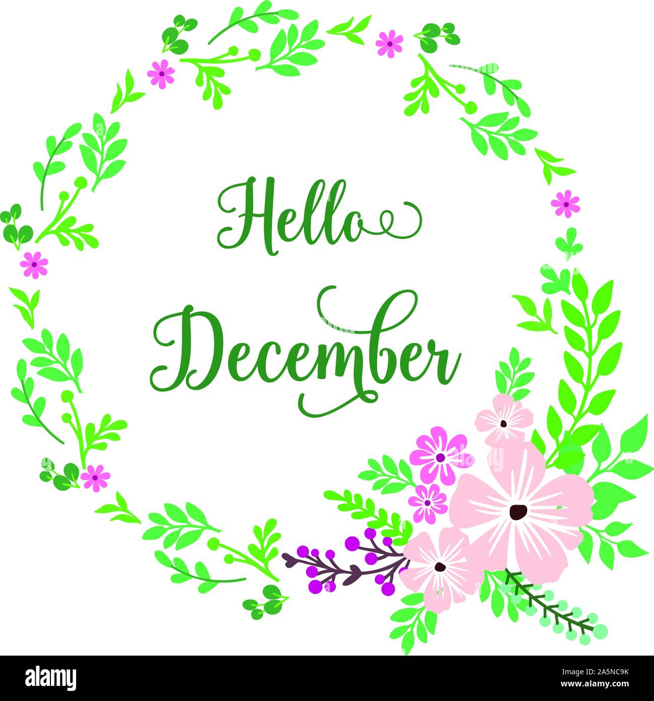 Lettering text of hello december, with design artwork green leafy ...