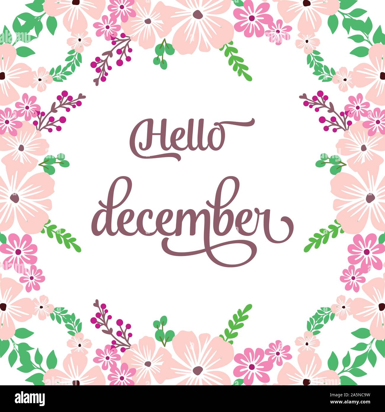 Card hello december, with graphic leaf flower frame elegant. Vector ...